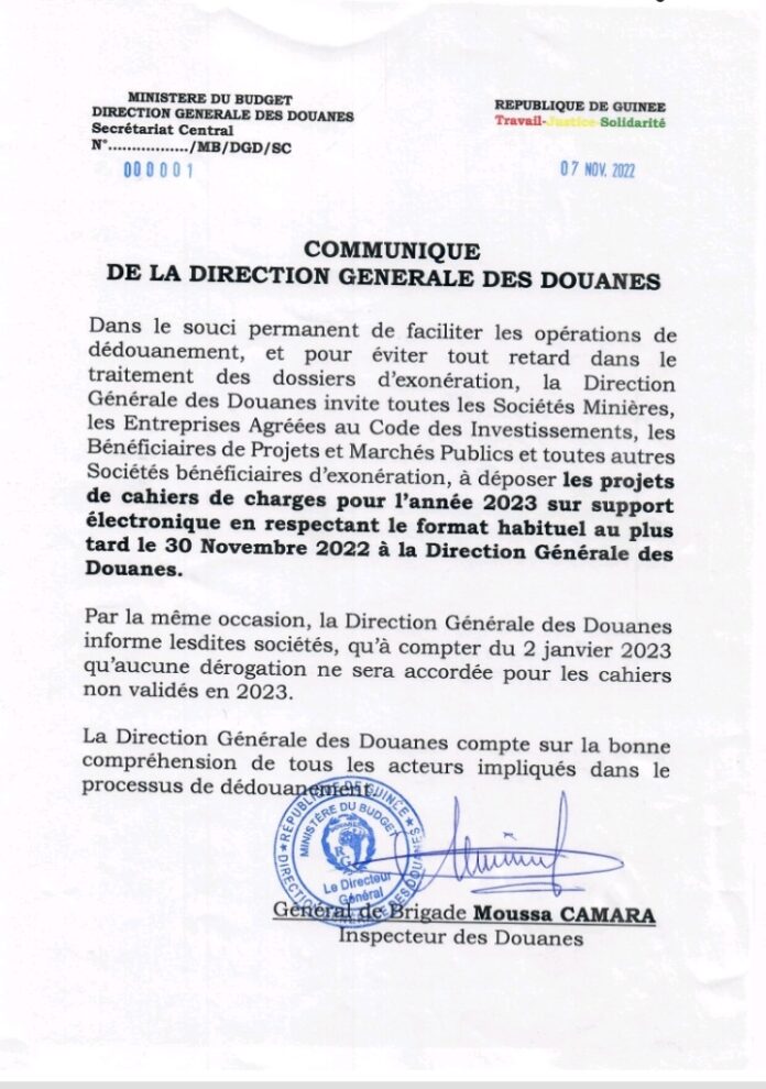 Communiqué de la Direction Générale des Douanes - Pub-Guinée